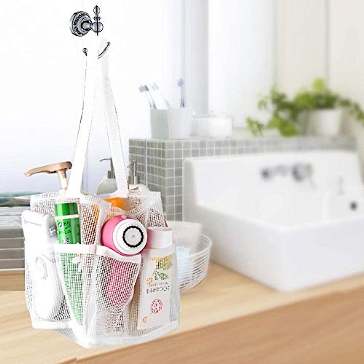 Quick Drying 8 Pockets Hanging Mesh Shower Caddy Organizer Toiletry Tote，Hanging Portable Toiletry Bag for Men and Women, Large Storage Portable Shower Bag for College Dorms Essentials， 2 Assorted Size (White)