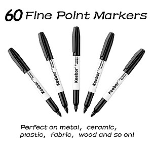 Keebor Advanced Permanent Markers Fine Tip, 60 Pack Black Permanent Marker Set, Waterproof - Quick Drying, Office Supplies