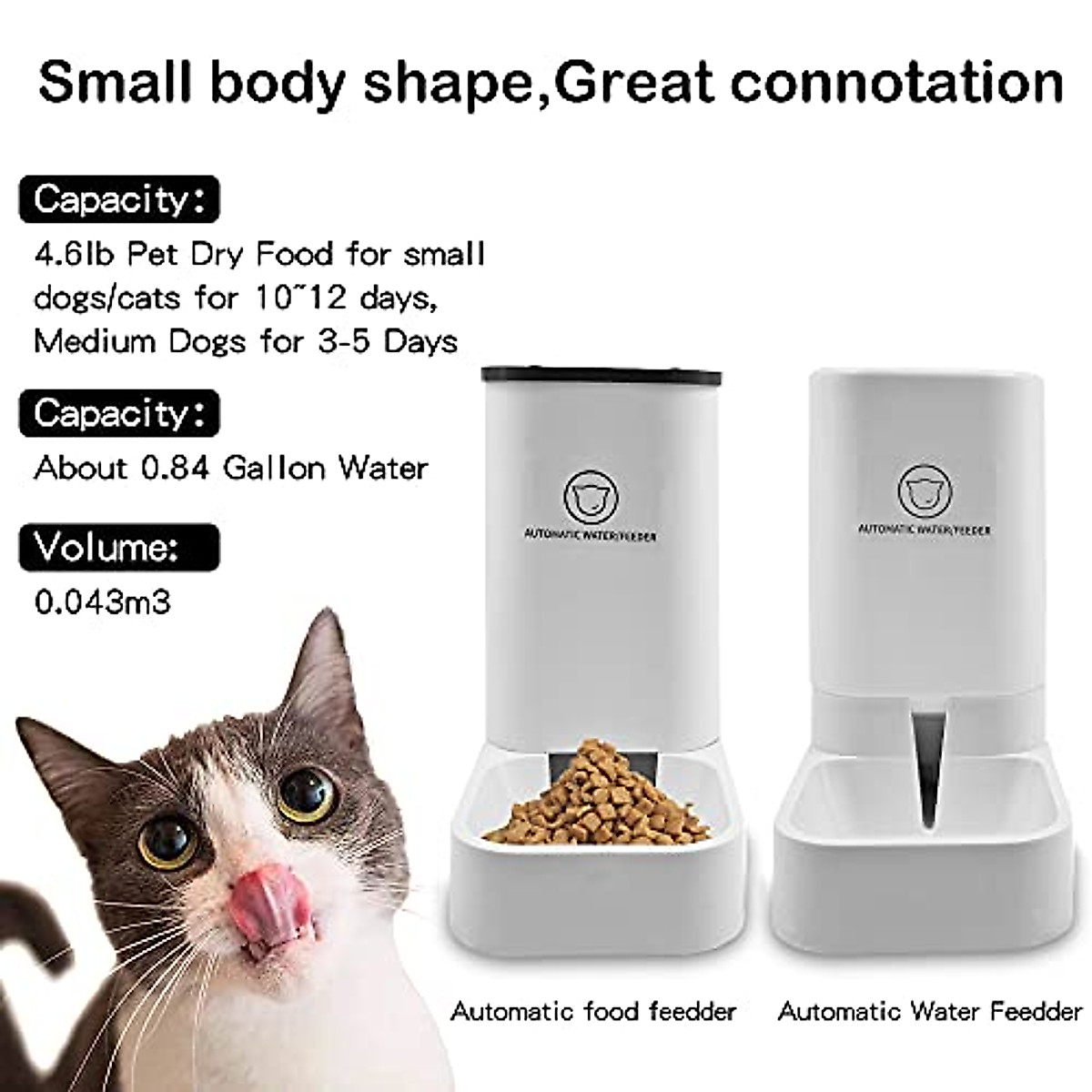 Pet Food Feeder and Water Feeder Set Self-Dispensing Gravity - Dog Automatic Feeders Cat Water Dispenser for Large Middle Small Cats Dogs Kitten Puppy, White, 11.4X5.8X10.8 inch