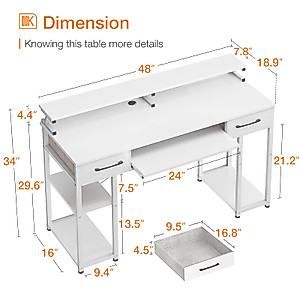 ODK Computer Desk, 48'' Office Desk with Keyboard Tray, Writting Desk with Drawers and Monitor Stand, Study Table with CPU Stand and Removable Shelf for Storage, Whtie