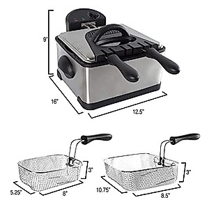 Electric Deep Fryer- 3 Fry Baskets, 1 Large and 2 Small for Dual Use- At Home Stainless Steel Hot Oil Cooker by Classic Cuisine (4 Liter)