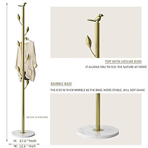 Julenshion Metal Coat Rack Freestanding Coat Tree Clothes Stand with 6 Hooks,Top with Bird, Marble Base for Coats Hats Bags Purses Entryway Hallway Bedroom(Gold