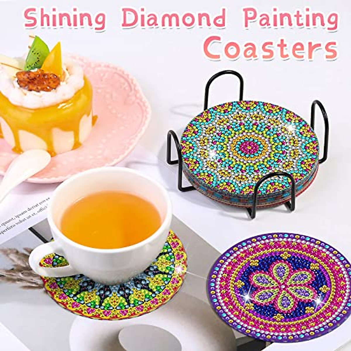 Billbotk Diamond Painting Coasters Kit, 8 Pieces Mandala with Holder, DIY Art for Beginners, Kids