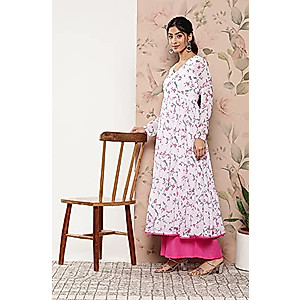 Janasya Indian Women's White Georgette Floral Printed Kurta with Flared Palazzo and Dupatta(J0451-KR-PP-ICH-XXL)