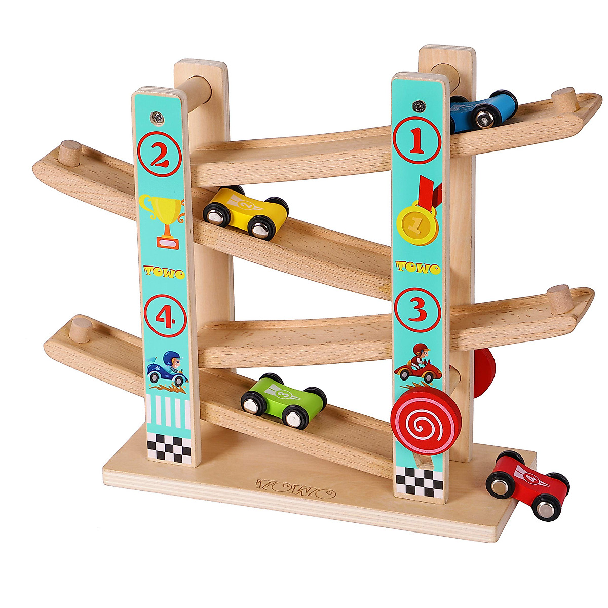 TOWO Pure Wooden Car Ramp - Zig Zag Car Slide Run with 4 Wooden Cars Playsets-Click Clack Track Wooden Car Toys for Toddlers -Racing Car Toys for Kids Boys Girls 2 3 4