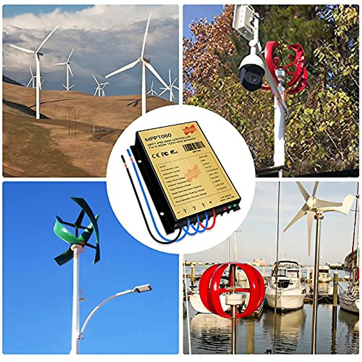 Mars Rock 0~600w Mini Wind Charge Discharge MPPT Controller IP67 Waterproof Regular Auto Match Wind Output DC AC 12/24v Voltage Wind Power System Ternary Lithium LFP Lead-Acid Gel Battery