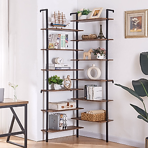 HOMISSUE Corner Bookshelf,12-Tier L Shaped Bookshelf, Double Wide Corner Wall Mount Bookcase with Metal Frame and Wood, Modern Industrial Corner Shelf for Living Room, Kitchen, Home Office Brown