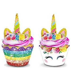 64pcs Unicorn Cupcake Toppers and Wrappers Double Sided for Kids Birthday Baby Shower Theme Party Decorations Supplies Set of 32