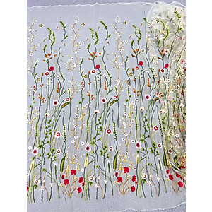 Buchuang Lace Fabric, 2 Yards Beautiful Seaweed Floral Embroidery Lace Tulle Fabric White Mesh Fabric DIY Wedding Sewing AccessoriesParty Dress (White mesh)