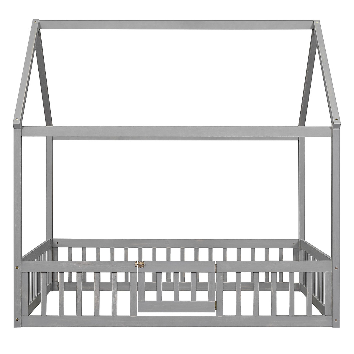 Harper & Bright Designs Grey House Bed Full Floor Bed with Fence Railings, Kids Wooden Full Size Montessori Bed Frame with Small Door for Kids, Fun Playhouse Beds, Full Size Bed Frame for Girls Boys