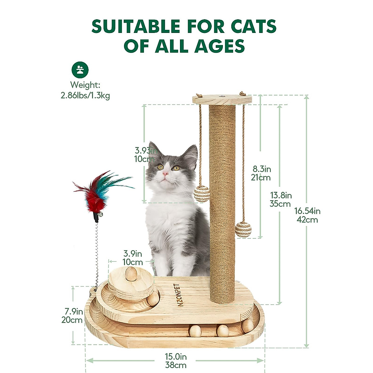 NZONPET Cat Scratching Post 16.54" Tall Scratch Post Premium Sisal Rope Scratch Posts for Kitten and Adult Cats All Natural Rope Wooden Ball Track Interactive Toy with Dangling Ball