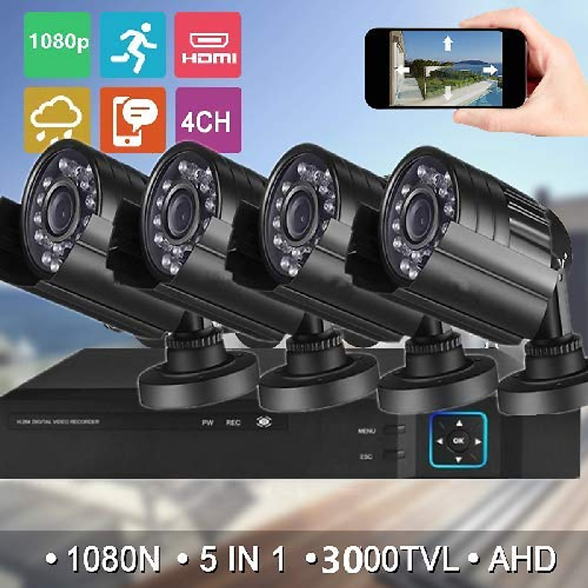 4CH 1080P Network Video Recorder DVR Security Camera Sets AHD CCTV Home Security Camera Digital Video Recorder +4 x Cameras +4 x BNC Cables（NO HDD）