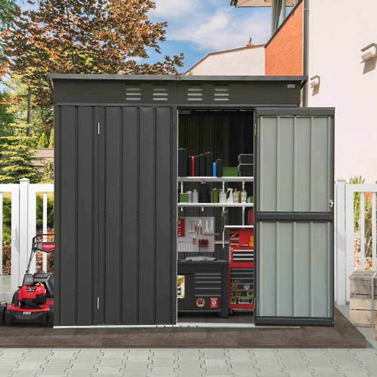 Domi Backyard Storage Shed 5.45' x 3.69' with Sloping Roof Galvanized Steel Frame Outdoor Garden Shed Metal Utility Tool Storage Room with Latches and Lockable Door for Balcony (Dark Gray)