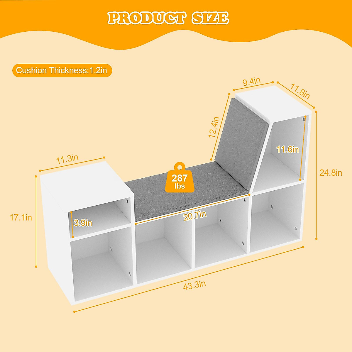 HedoajimKids Bookshelf with Reading Nook,Bookcase with 6 Cubby and Seat Cushion,Toddler Reading Bench and Toy Storage Organizer for Kids Room, Playroom, Classroom, Nursery,Bedroom