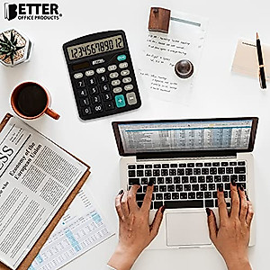 Large Desktop Calculators, 5 Pack, 12-Digit LCD Display, Angled Display Panel, by Better Office Products, Standard Function, Black, Dual Power with Included AA Battery Power, 5 Pack