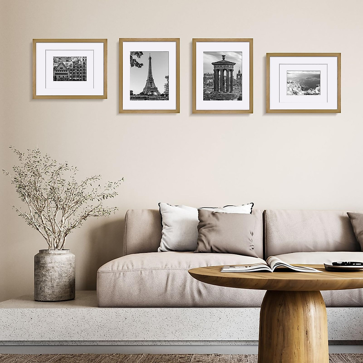 Egofine 11x14 Picture Frame Display Pictures 5x7/8x10 with Mat or 11x14 Without Mat Made of Solid Wood Covered by Plexiglass for Table Top Display and Wall Mounting Photo Frame, Light Brown