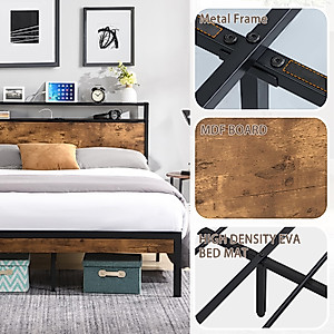 QKFF Full Size Bed Frame, Metal Bed Frame with Wooden Storage Headboard Outlet & USB Port, Solid and Stable, Noise Free, No Box Spring Needed (Full)