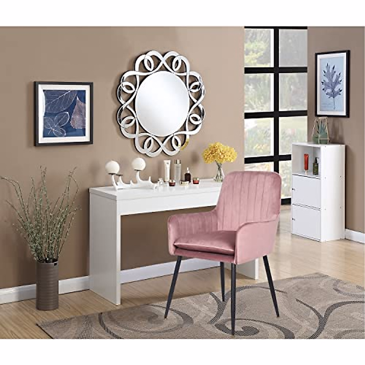Decent Home Velvet Dining Chair Set of 2 Mid-Back Accent Arm Chairs with Black Metal Legs Modern Leisure Upholstered Seat Living Room Chair Home Desk Chair (Pink-2PCS)