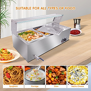 3-Pan Commercial Food Warmer, 36 Qt Electric Bain Marie with 6" Deep Pans,Steam Table with Tempered Glass Cover, 1500W Countertop Stainless Steel Buffet Bain Marie 86-185°F Temp Control