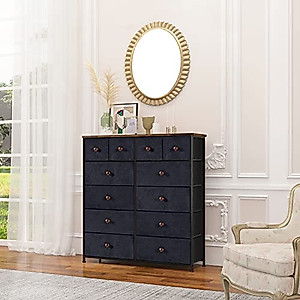 AOPSEN 12 Drawer Tall Dresser, Storage Chests of Drawers, Black Fabric Dresser for Bedroom Closet Nursery Living Room, Wooden Top and Metal Frame, Rustic Brown