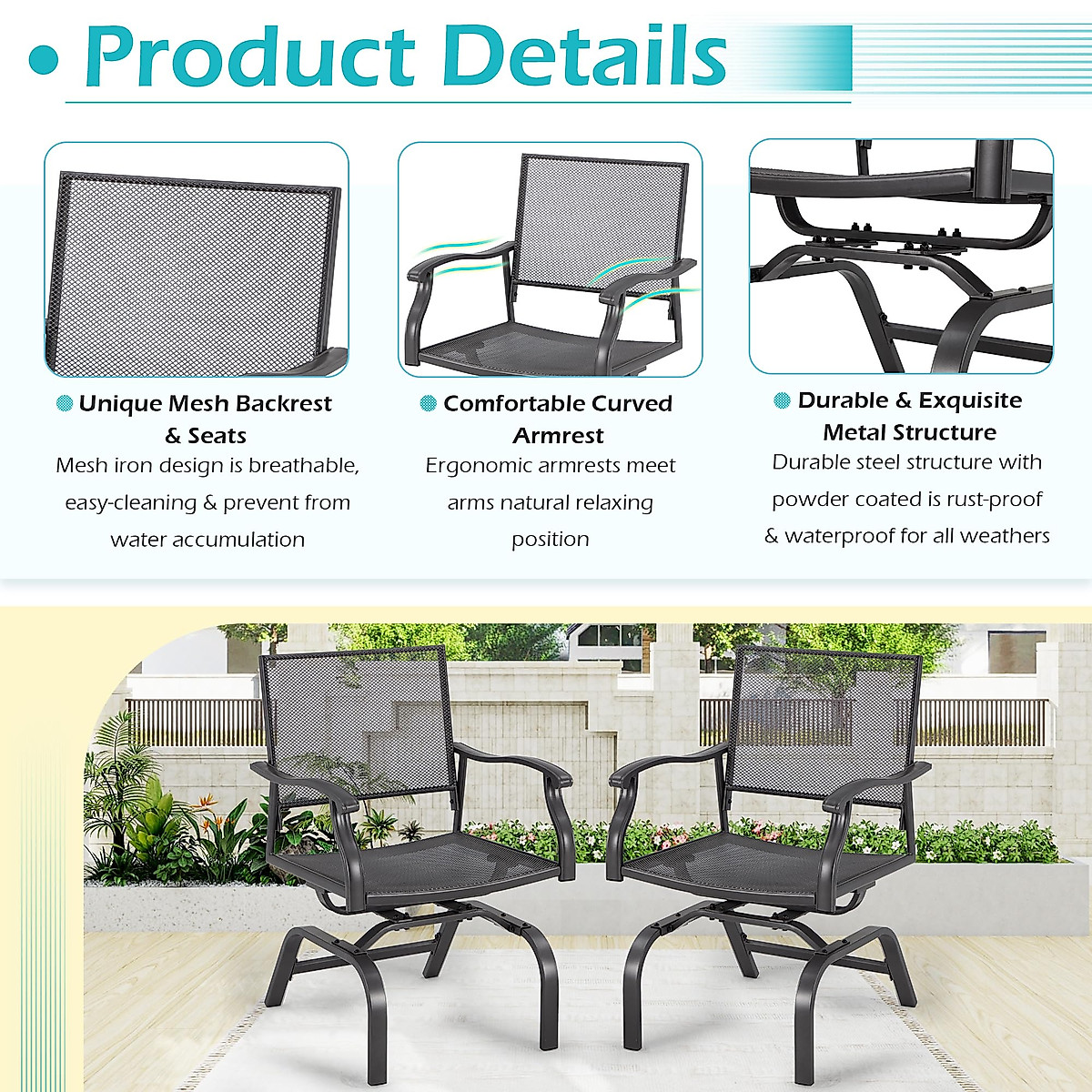 U-MAX Outdoor Patio Rocking Dining Chairs Set of 2, Outdoor Furniture Metal Frame Rocker Chair with15-Degree Rocking Function for Lawn Porch Garden Balcony (Dark Gray)