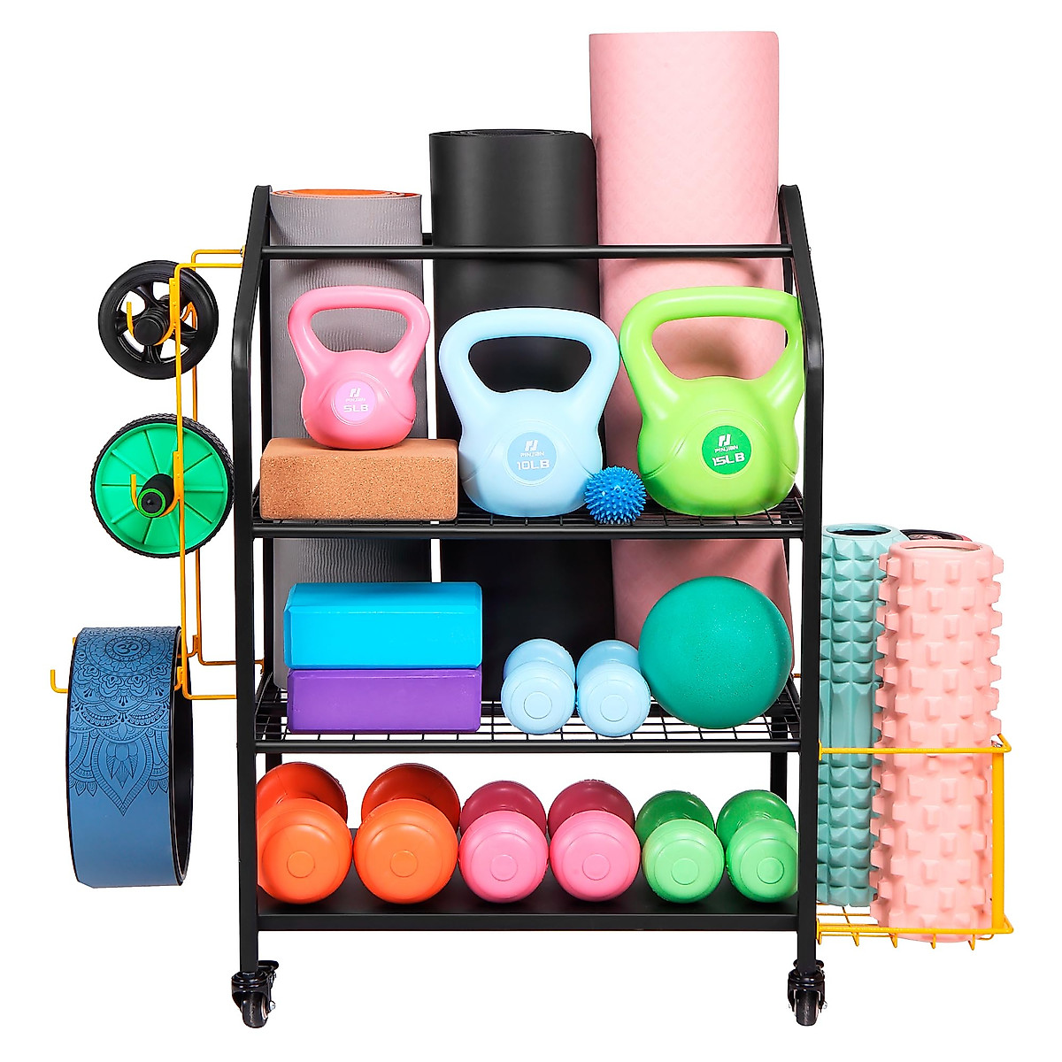 Vimexciter Dumbbell Rack, Training Equipment Storage Cart with Hooks and Wheels for Yoga Brick, Mat, Block, Roller, Dumbbell, Weight, Kettlebell, Resistance Band and More for Home Gym Workout