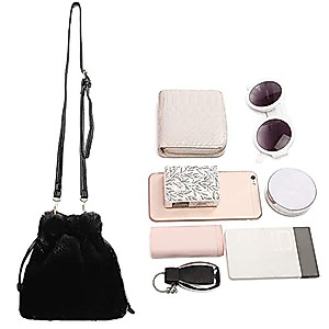 Van Caro Women’s Fashion Fuzzy Shoulder Bucket Purse Drawstring Bag Cross Body Bag, Black