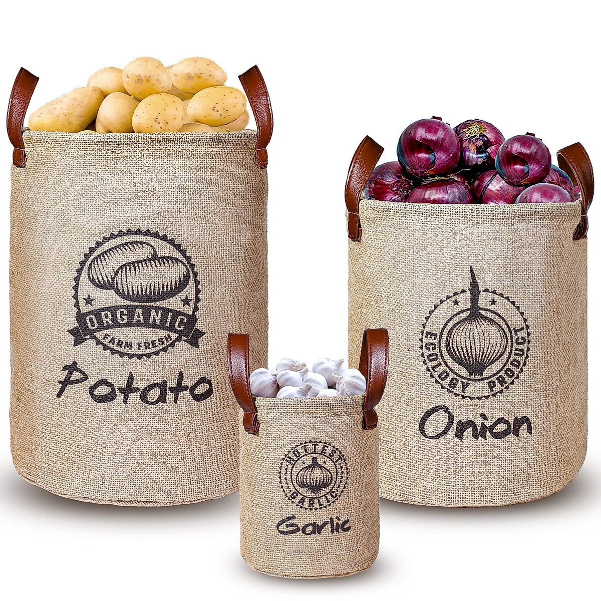 Kamehame Potato and Onion Storage Baskets Pack of 3, Lined Burlap Pantry Storage Bins for Potato Onion Garlic with Handles