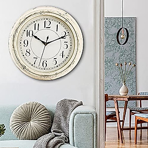 Peohud Silent Wall Clock, 12 Inch Vintage Non Ticking Quartz Battery Operated Round Clock, Rustic Wall Clock for Living Room Kitchen Home Office Classroom School, Creamy White