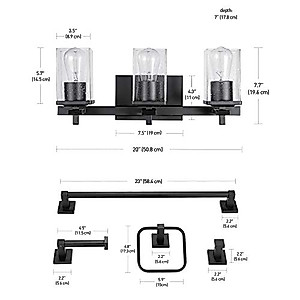Globe Electric 51634 5-Piece All-in-One Bathroom Accessory Set, with Vanity, Matte Black, 3-Light Vanity Light, Seeded Glass, Towel Bar, Toilet Paper Holder, Towel Ring, Robe Hook, Home Improvement