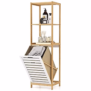 Giantex Tilt Out Laundry Hamper - Laundry Hamper Cabinet with 3 Tier Storage Shelves, Removable Laundry Basket, 51" Tall Freestanding Bamboo Tower Hamper Organizer for Bathroom Small Space