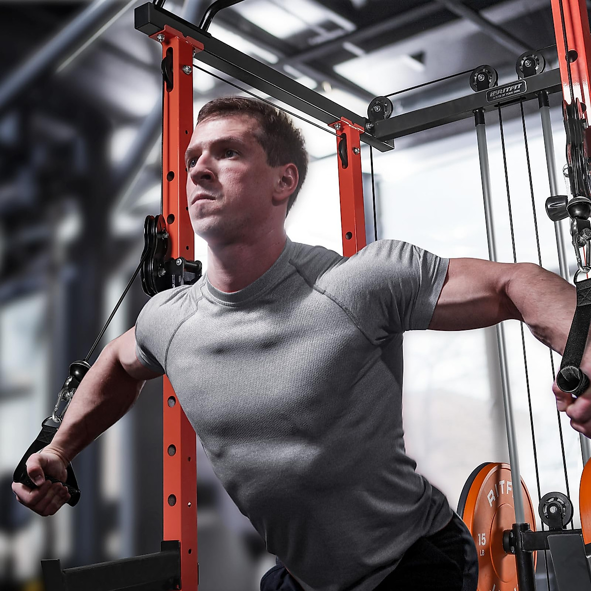 RitFit Multi-Function Power Rack Cage PPC03 with Adjustable Cable Crossover System,1000LBS Capacity, Full Home Gym Workout with J-Hook, Landmine and Other Attachments-Orange