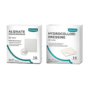 Dimora Calcium Alginate Wound Dressing, 4'' x 4'' Patches & Hydrocolloid Dressing 4'' x 4'', Sterile Self-Adhesive Patches