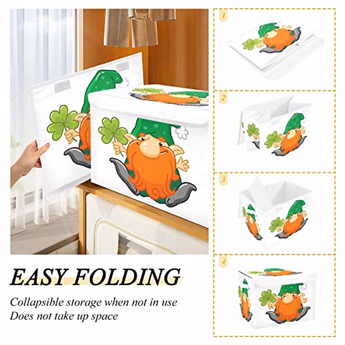 Kigai St.patrick's Day Cute Gnome Storage Basket with Lid,Collapsible Storage Box Fabric Storage Bin for Closet,Office,Bedroom,Nursery