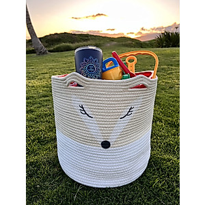 Large Cotton Rope Basket with Cute Animal Design - Unisex Bed & Bath Toy Bin Serves as Woven Laundry Basket & Nursery Hamper for Babies, Toddlers, Girls & Boys - Sturdy & Kid-Safe, 14" x 14 "