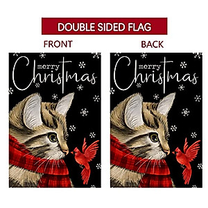 Christmas Cat Garden Flag 12x18 Vertical Double Sided Merry Christmas Cardinal Bird Farmhouse Winter Holiday Outside Decorations Black Burlap Yard Flag BW213