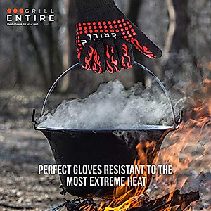 Entire 3 in 1 BBQ Grill Gloves, Extreme Heat Resistant, Insulated Fireproof Silicone Oven Mitts for Cooking, Grilling, Barbecue, Non-Slip Grip Pair with Silicone Brush & BBQ Grilling Tong