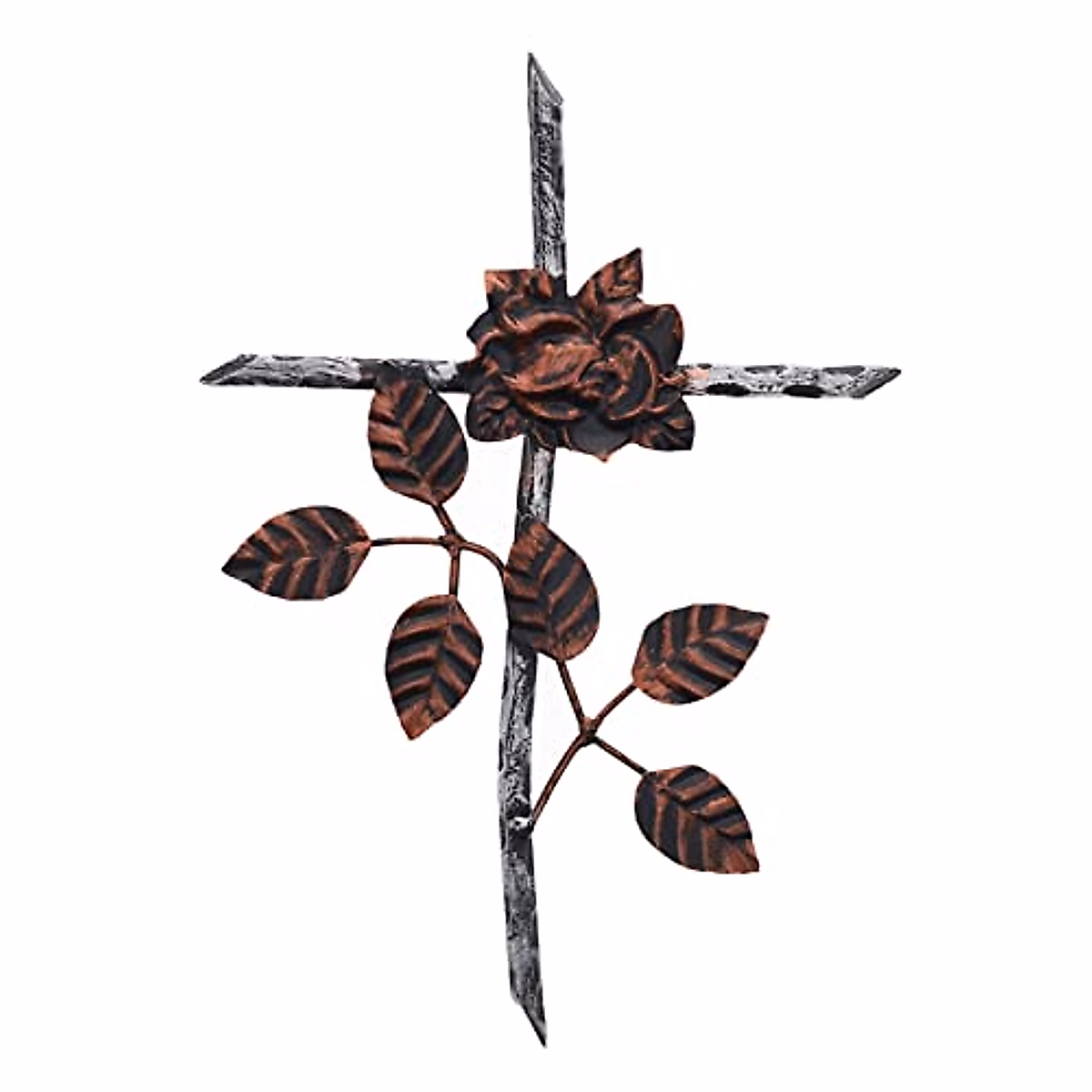 Top Brass Decorative Floral Wall Cross - Welded Wrought Iron - Leaves, Branches and Flowers Religious Metal Art Sculpture - Antique Silver/Copper Finish (Leaves and Rose)