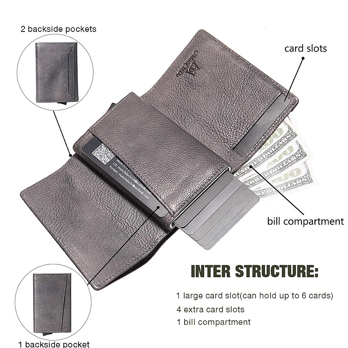ManChDa Genuine Leather Wallet Slim RFID Blocking Magnetic Wallet for Men Trifold Wallet Aluminum Detachable Wallet Pop up Card Wallet Card Case Holder Clip Money Organizer(Grey 2)