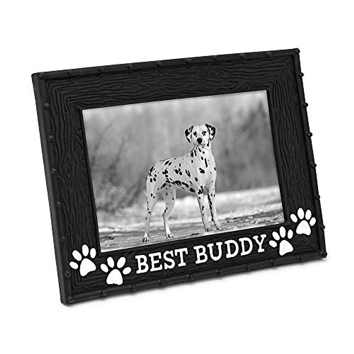 Isaac Jacobs 4” x 6” Resin Sentiments Dog Best Buddy Picture Frame, Horizontal Keepsake Photo Frame with Easel and Hanging Tabs for Tabletop, Desktop & Wall Display, (Black)