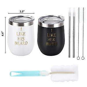 Homlouue I Like His Beard, I Like Her Couples Wine Tumbler Set, Funny Wedding Engagement Gifts for Husband Wife Bride Groom His Her Anniversary, 12 Oz Stainless Steel Wine Tumbler, Set of 2