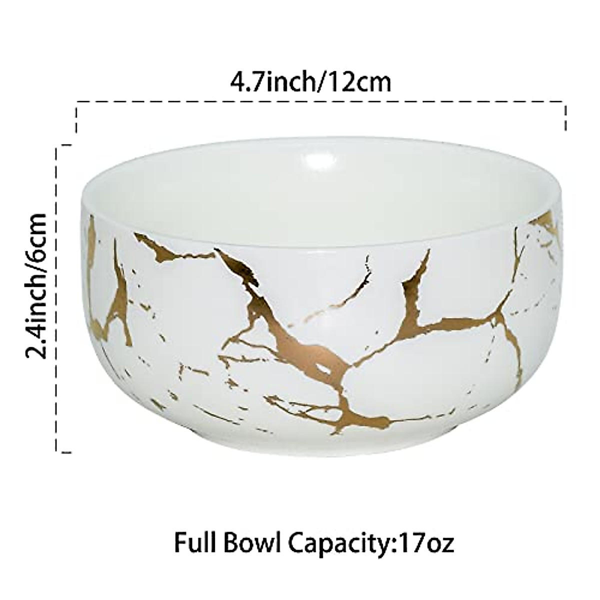 LUCCK Ceramic Cereal Bowl Marble Soup Bowl 17 OZ Ceramic Rice Bowl Luxury Gold Inlay Dessert Bowl Microwave and Dishwasher Safe for Oatmeal Snack (White)