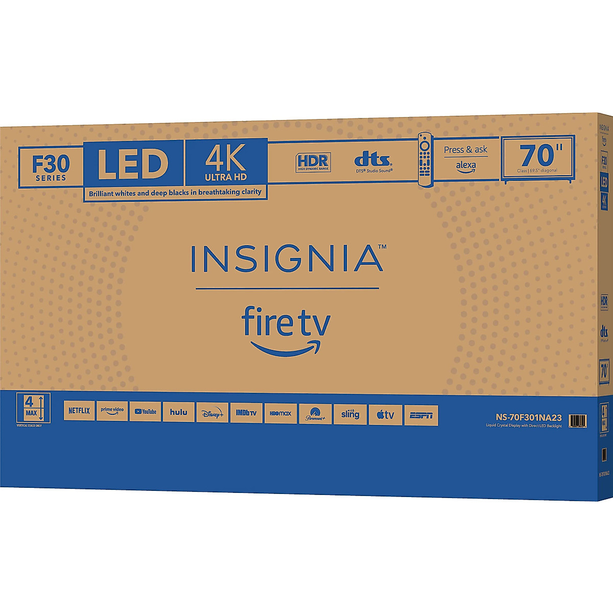 INSIGNIA 70-inch Class F30 Series LED 4K UHD Smart Fire TV (NS-70F301NA23, 2022 Model)