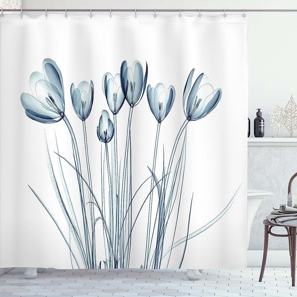Ambesonne Flower Shower Curtain, X-ray Image of Tulips Solarized Effect Nature Inspired, Cloth Fabric Bathroom Decor Set with Hooks, 69" W x 75" L, Petrol Blue
