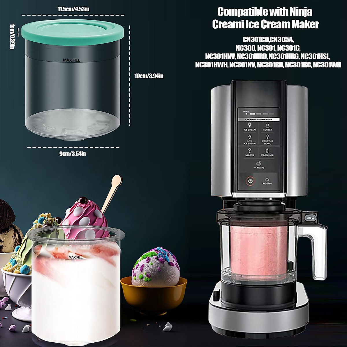 lelinker for Ninja Creami Ice Cream Maker Pints, Compatible with Ninja Creami Pints and Lids 4 Pack, [with 4 Pack Ice Cream Scoop] Compatible with nNC301,NC300,NC299AMZ Series Ice Cream Maker