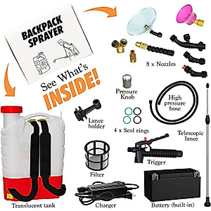 4.2 Gallon Battery Powered Backpack Sprayer - 8 Nozzles, 100PSI Cutoff Pressure, Long Battery Life, Wide Mouth, High-Pressure Spray Hose, Trigger Lock, Pressure Knob Controller