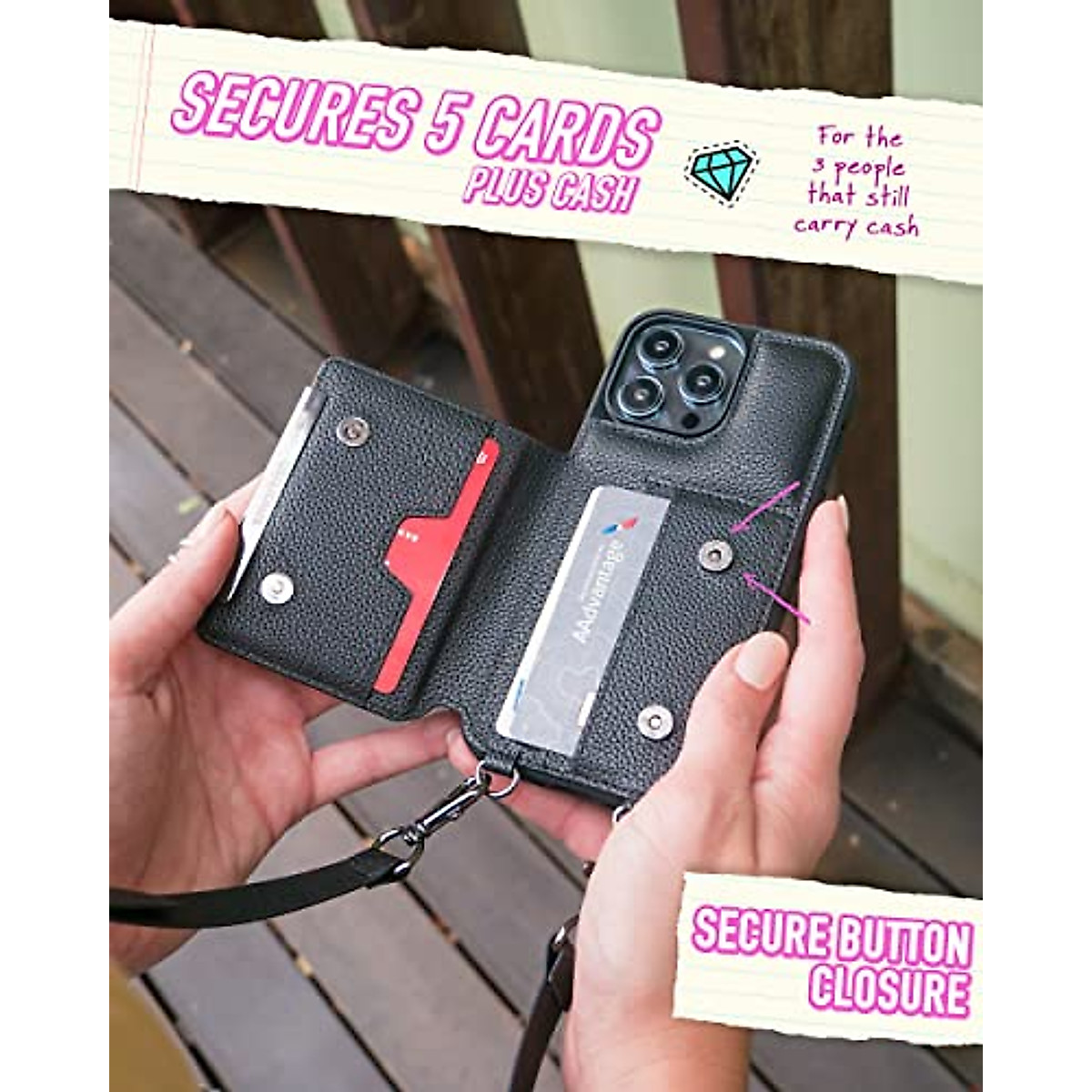 Smartish iPhone 14 Pro Max Crossbody Wallet Case - Dancing Queen [Purse/Clutch with Detachable Strap & Wristlet] Protective Cover with Credit Card Holder - Stiletto Black - Gunmetal