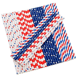 200 Pieces American Flag Paper Straws Patriotic Paper Straws Red Blue Paper Drinking Straws for Independence Day Memorial Day July 4th Celebration Supplies