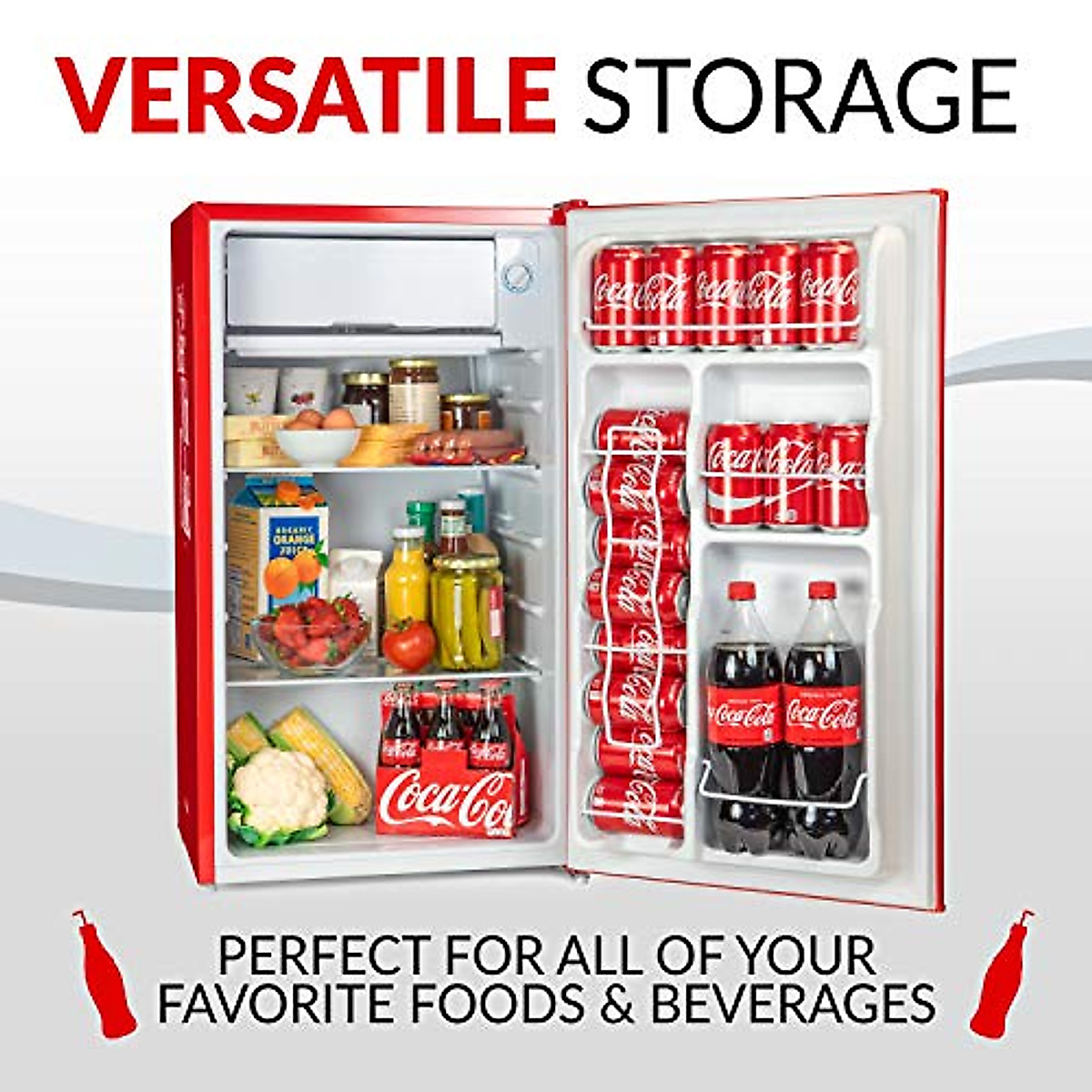 Nostalgia Coca-Cola Refrigerator with Freezer, 3.2 Cu. Ft., Adjustable Temperature Cools as Low as 32 Degrees, Bottle Opener, Ice Cube Tray, Scraper Included, Red