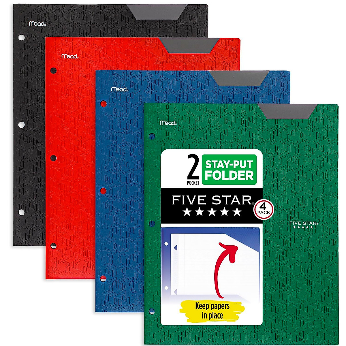 Five Star 2 Pocket Folders, 4 Pack, Stay-Put Folders, Plastic Colored Folders with Pockets & Prong Fasteners for 3-Ring Binders, 11” x 8-1/2”, Black, Red, Green, Blue (38049)